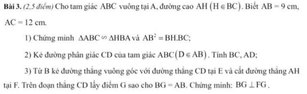 giúp mình câu c thui ạ! Cảm ơn nhiều nha hưa vote 5saoBài 3. (2,5 điểm) Cho tam giác ABC vuông ...
