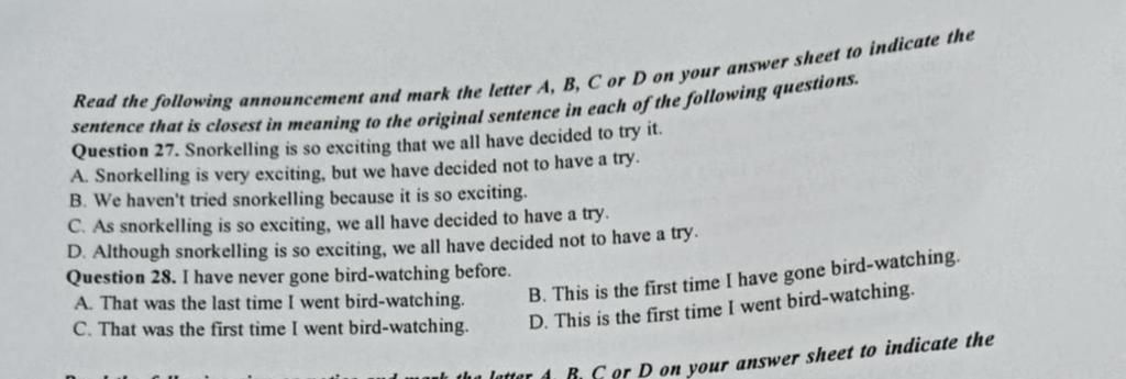 Read the following announcement and mark the letter A, B, C or D on ...