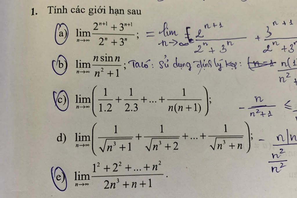 1. Tính các giới hạn sau lim no lim 818 -lim ££ 2+1 3+1 + n+1 = 2"+3" n ...