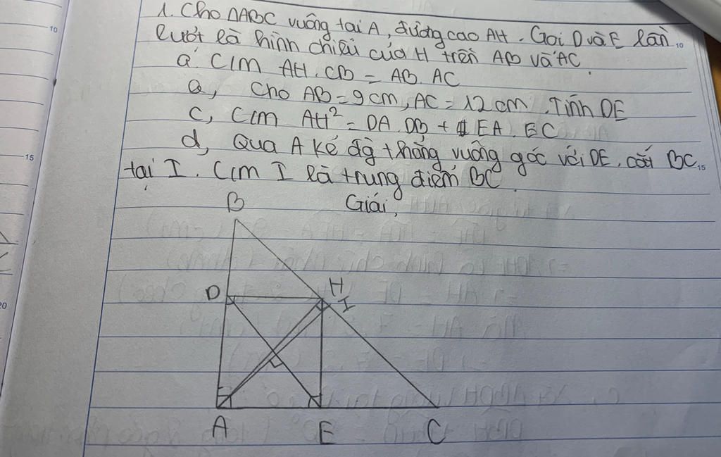 20 1. Cho ABC vuông tại A, đường cao AH. Gọi D và E lần lượt là hình ...