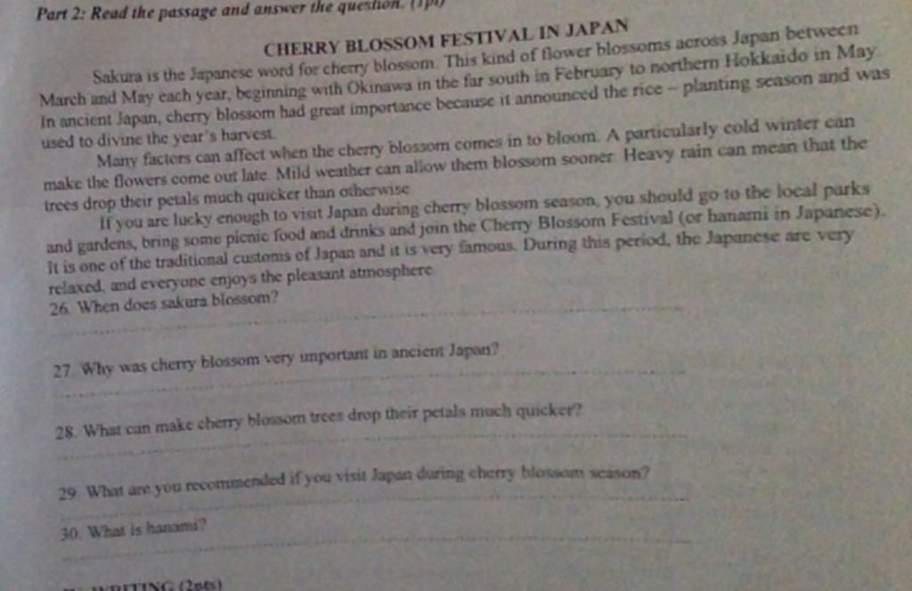 Part 2: Read the passage and answer the question. CHERRY BLOSSOM ...