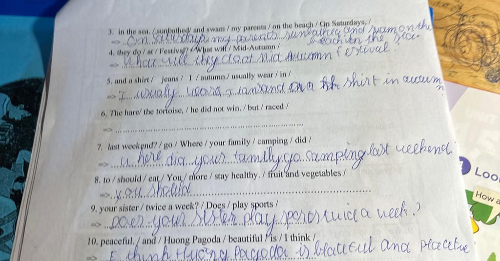 3. in the sea. sunbathed/ and swam / my parents/ on the beach/On ...