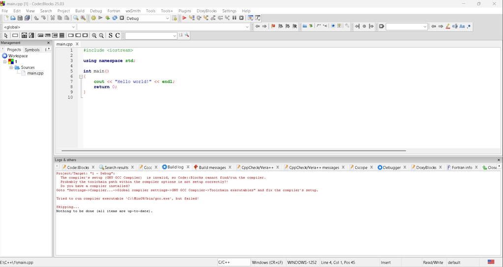 main.cpp [1] Code Blocks 25.03 File Edit View Search Project Build Debug Fortran wxSmith Tools ...