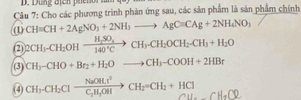 B. Dung Câu 7: Cho các phương trình phản ứng sau, các sản phẩm là sản ...