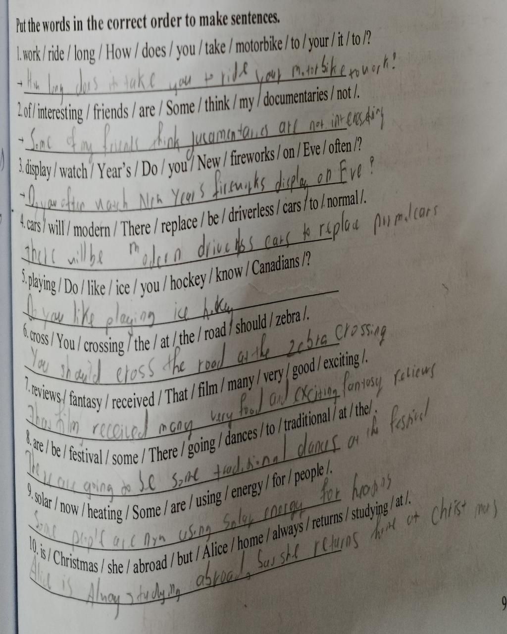 t Put the words in the correct order to make sentences. 1. work/ride ...