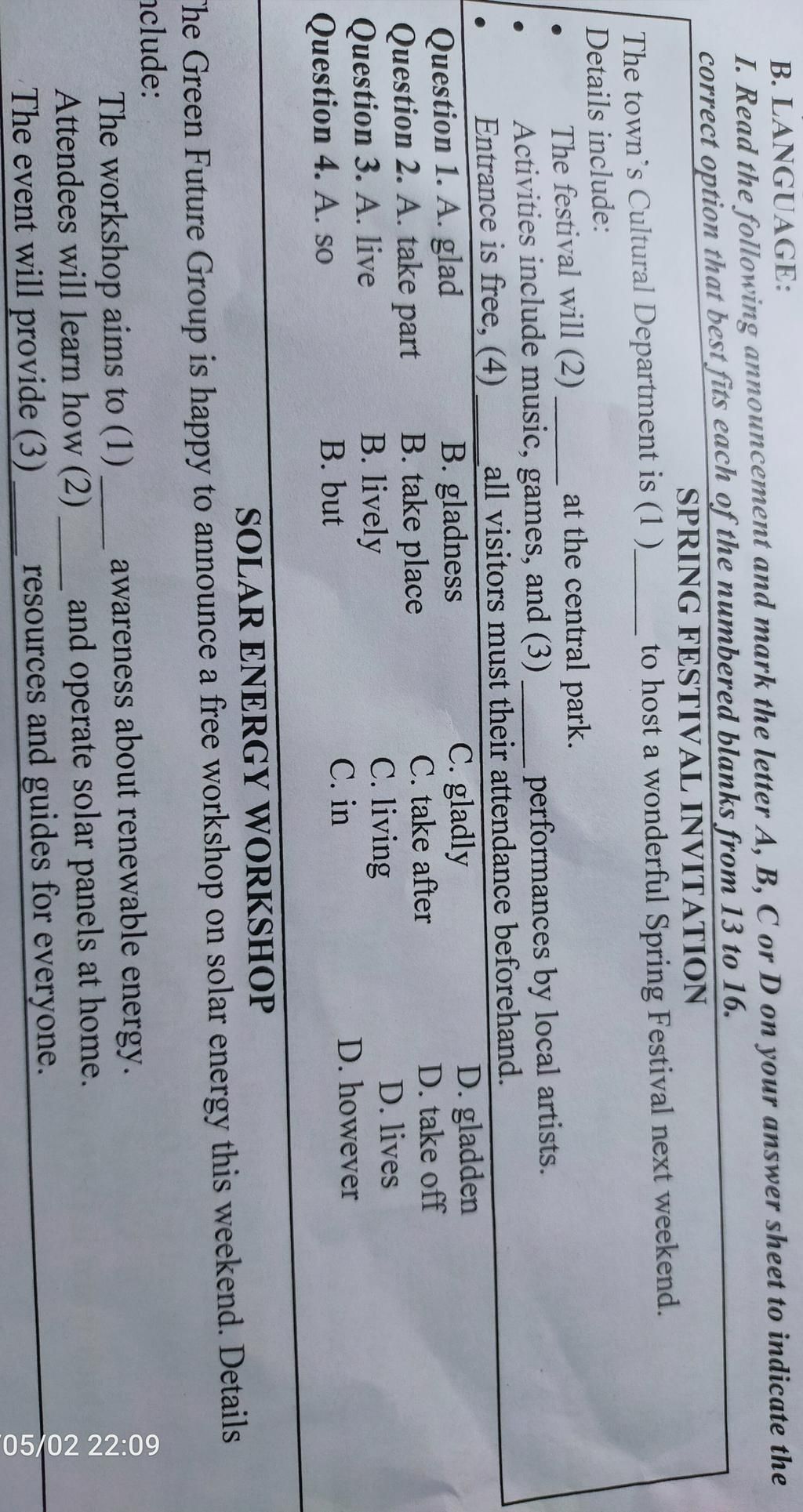 B. LANGUAGE: I. Read the following announcement and mark the letter A ...