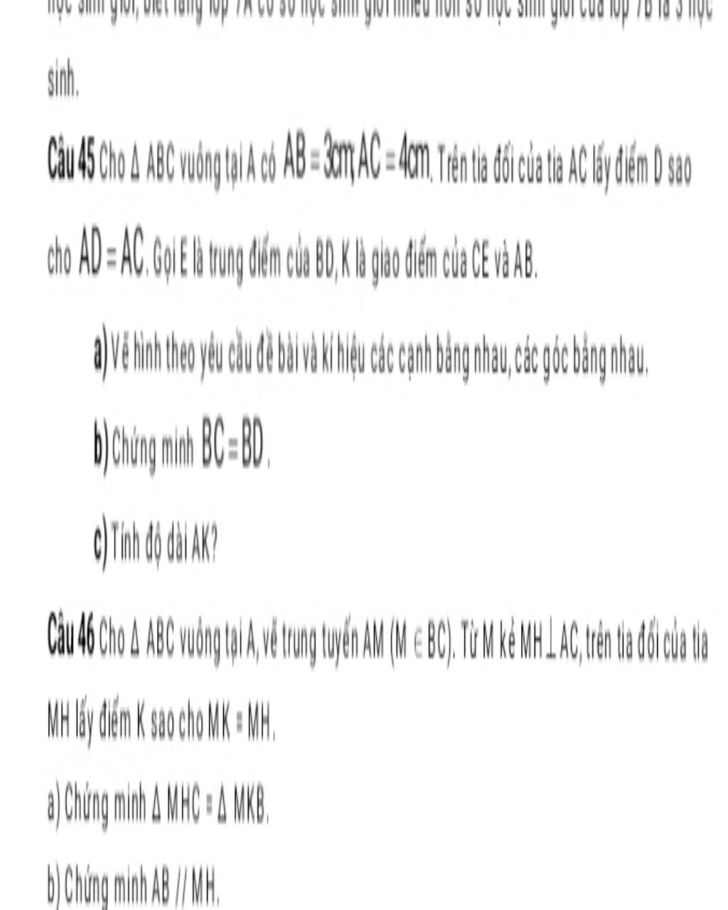 Câu 45 Cho & ABC vung ta có AB = 30 AC = 4am Trentia dicata Clyde Da do thinh tu là do đi thi ...