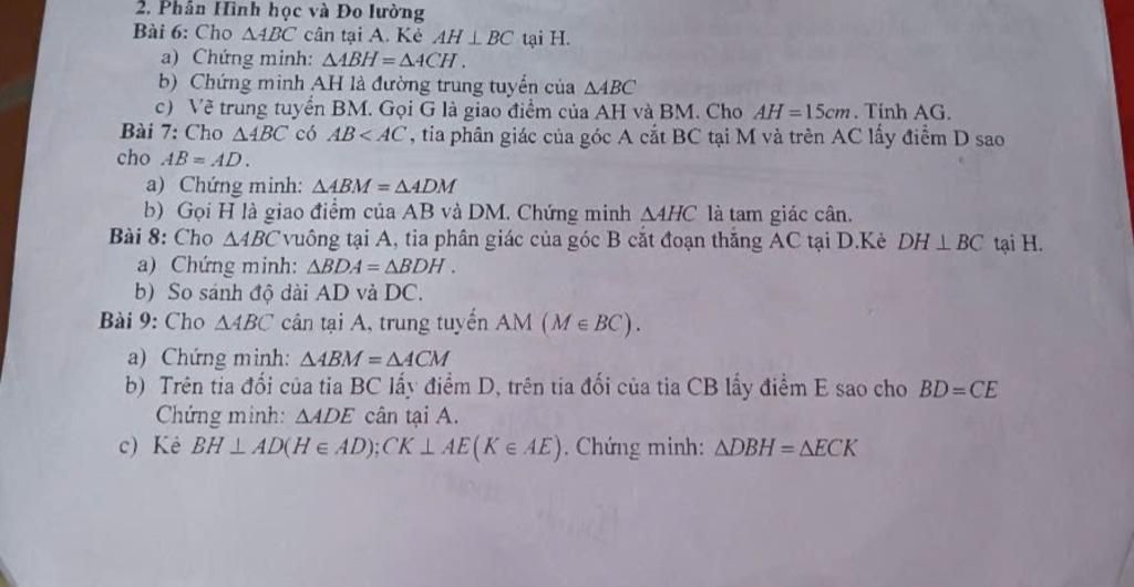 2. Phân Iinh học và Đo lường Bài 6: Cho ABC cân tại A. Kẻ AH L BC tại H ...