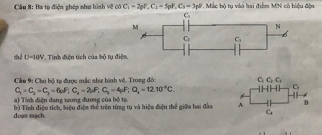 Câu 8: Ba tụ điện ghép như hình vẽ có C = 2pF, C2 = 5pF, C3 = 3pF. Mắc ...
