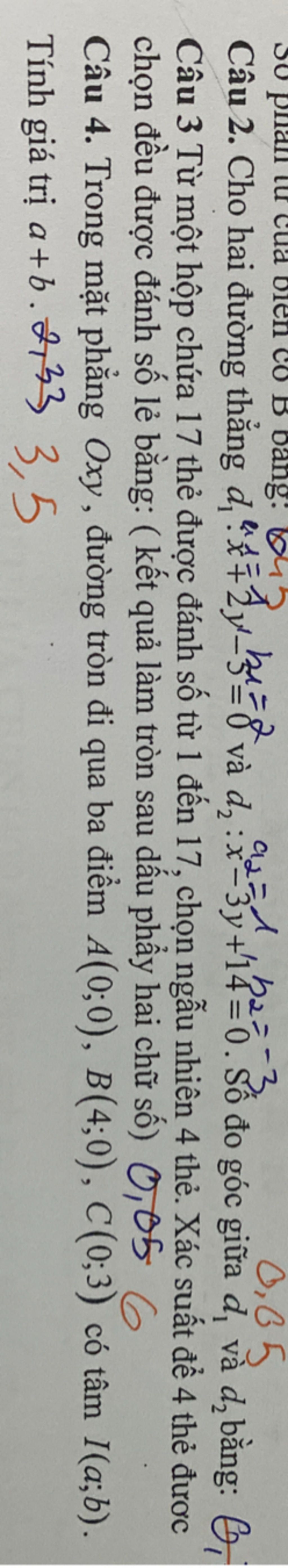 cho hai đường thẳng d1: x+2y-5=0 và d2: x-3y+14=0. số đo góc giữa d1 và ...
