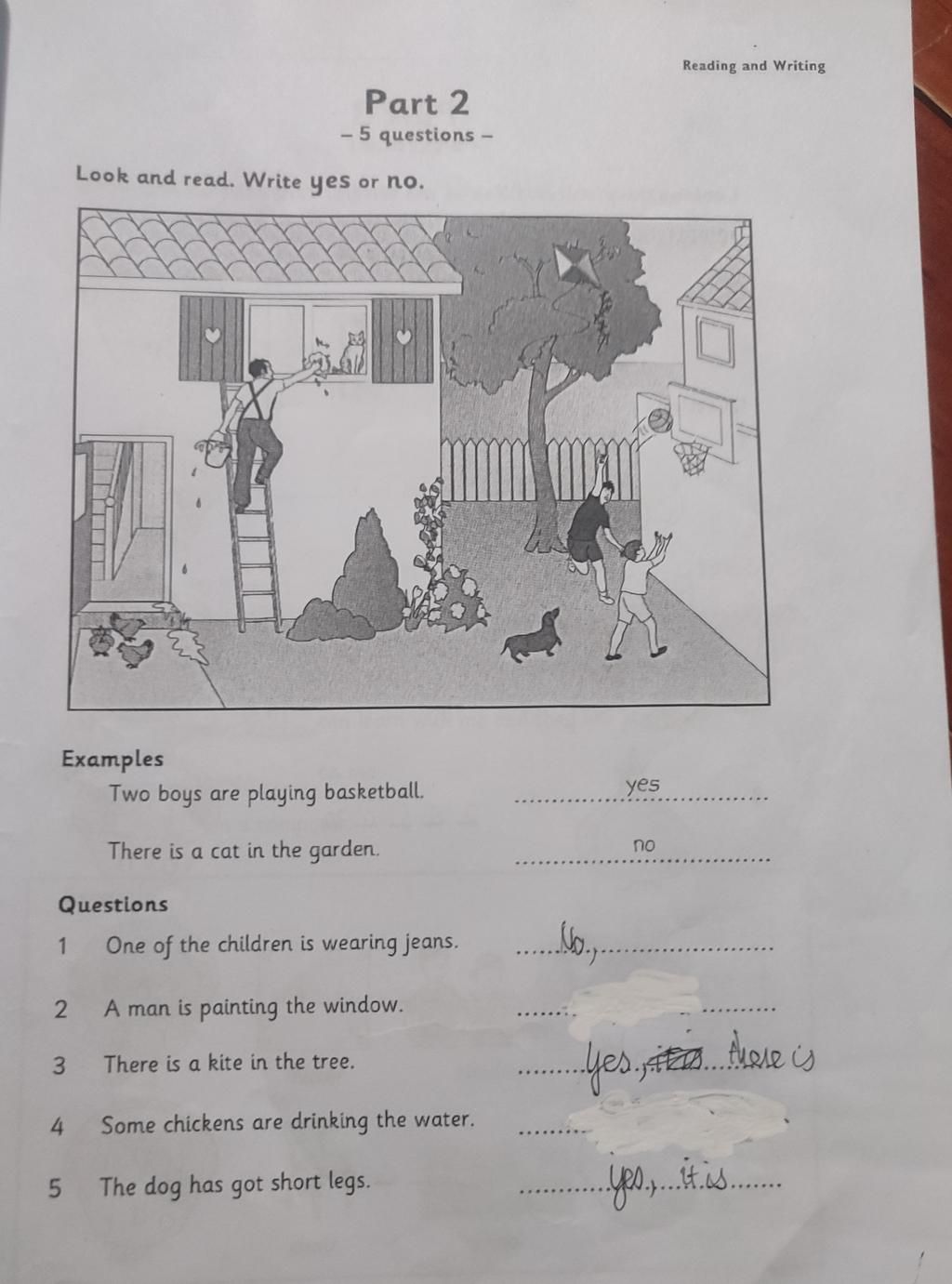 Part 2 - 5 questions Look and read. Write yes or no. Reading and Writing Examples Two boys are ...