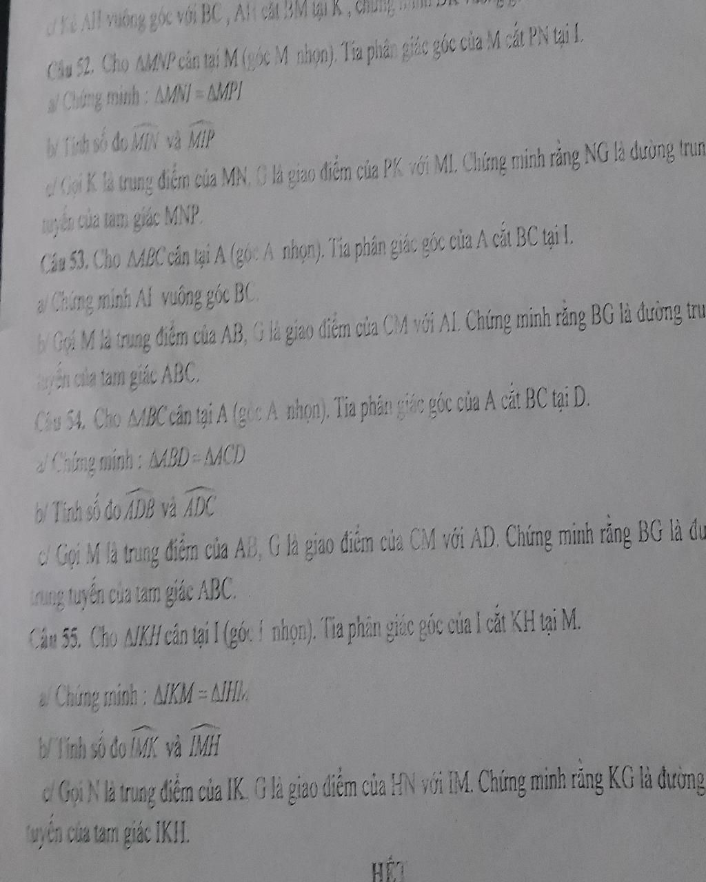 Cho m cho tam giác MNP cân tại m góc m nhọn tia phân giác góc m cắt BN tại I tính số đo min và m ...