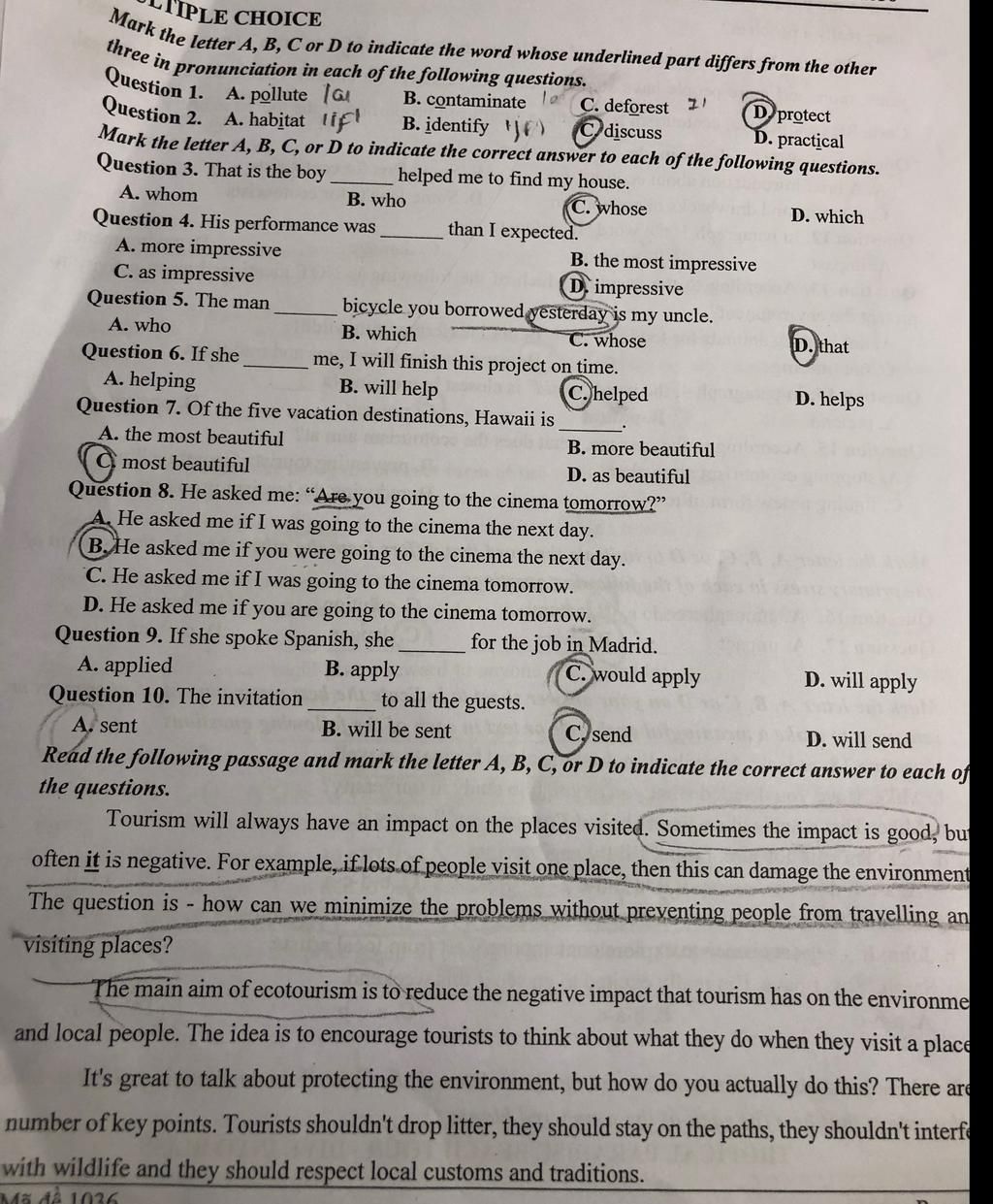 IPLE CHOICE Mark the letter A, B, C or D to indicate the word whose underlined part differs from ...