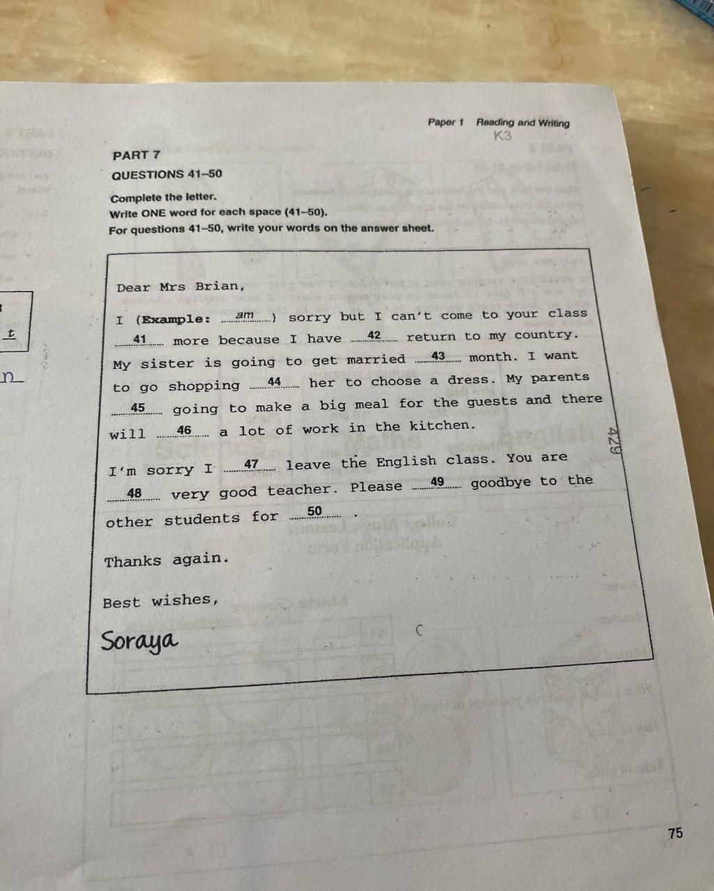 t n Paper 1 Reading and Writing K3 PART 7 QUESTIONS 41-50 Complete the ...