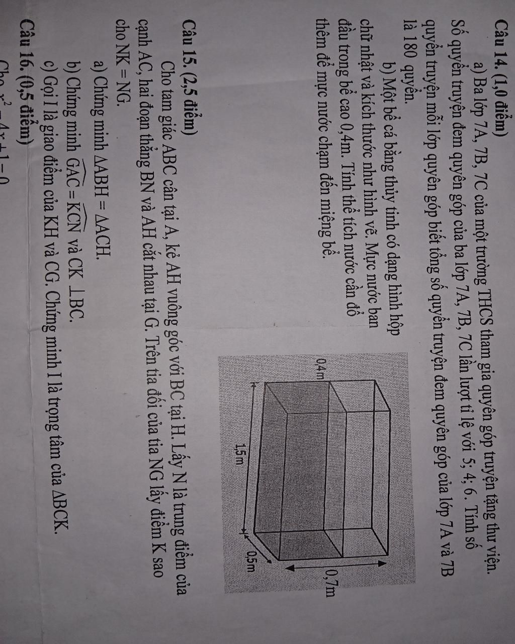 Câu 14. (1,0 điểm) a) Ba lớp 7A, 7B, 7C của một trường THCS tham gia ...