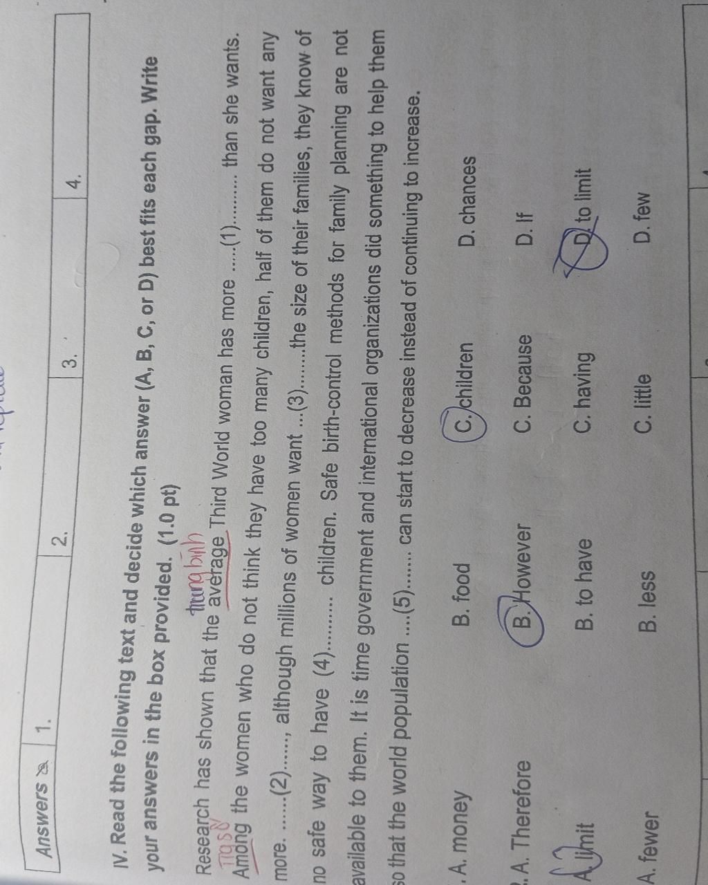 Answers 1. 2. 3. 4. IV. Read the following text and decide which answer ...