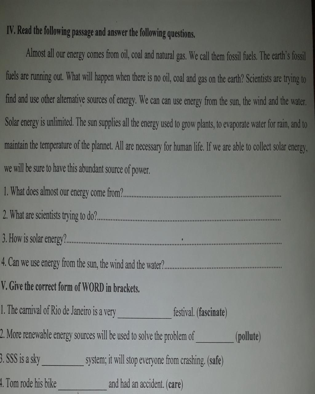 IV. Read the following passage and answer the following questions ...