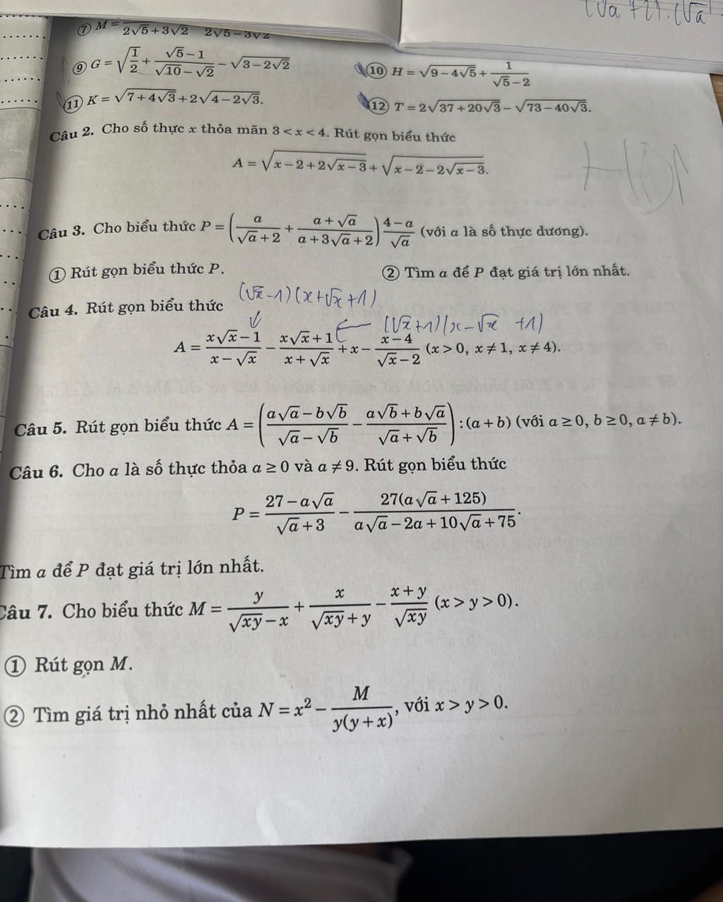 [Ja F21. Wal ⑦M 2√5+3√2 2√5-3vz I √√5-1 √10-√2 9G=1 = + √3-2√2 10 H=√√9-4√√5+ √5-2 12 T=2√37+20√ ...