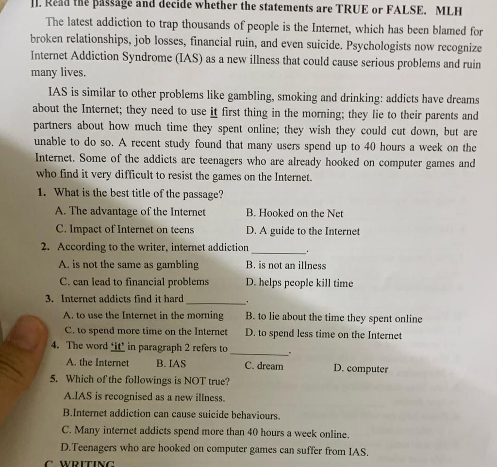 II. Read the passage and decide whether the statements are TRUE or ...