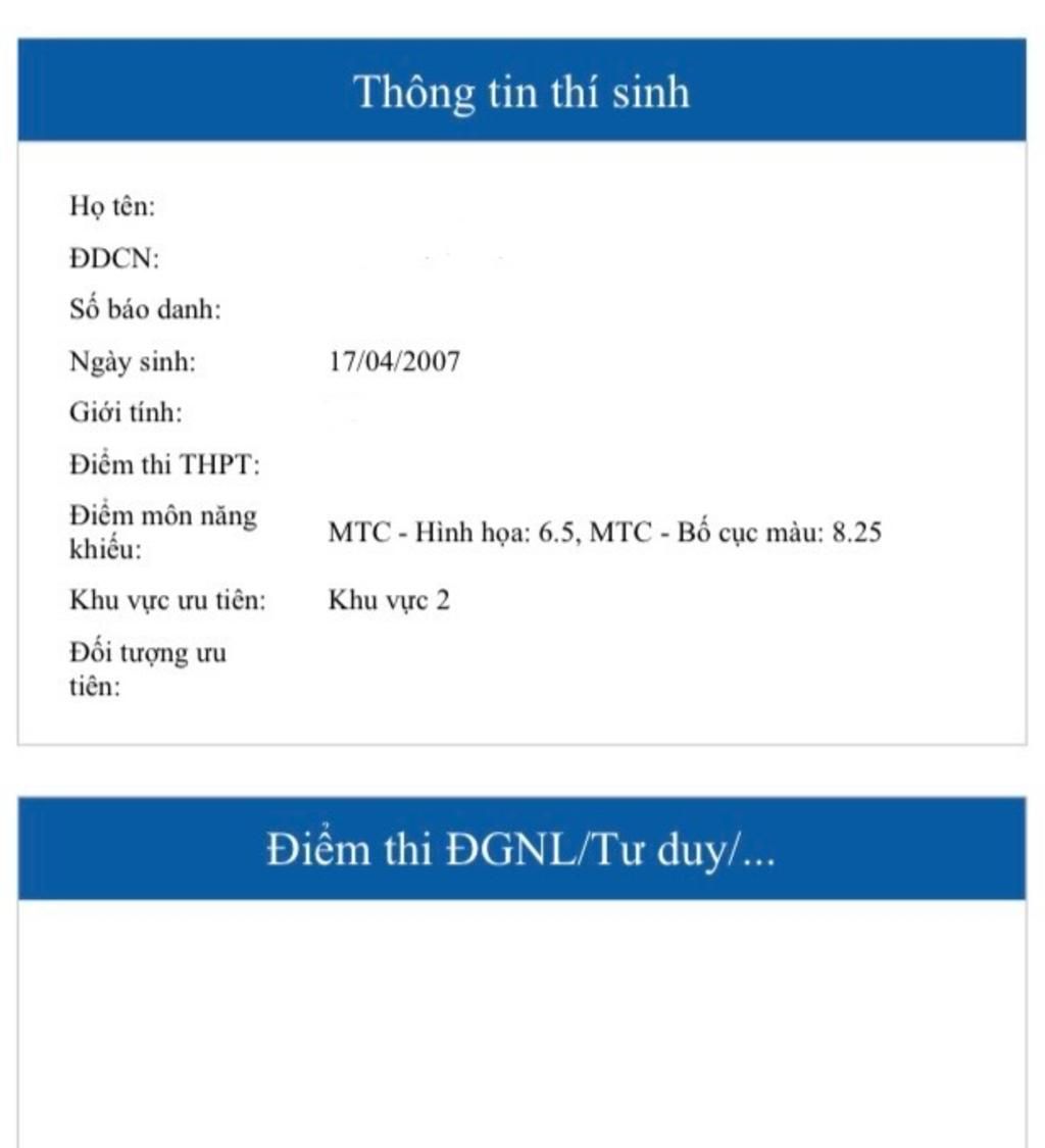 Họ tên: DDCN: Số báo danh: Ngày sinh: Thông tin thí sinh 17/04/2007 ...