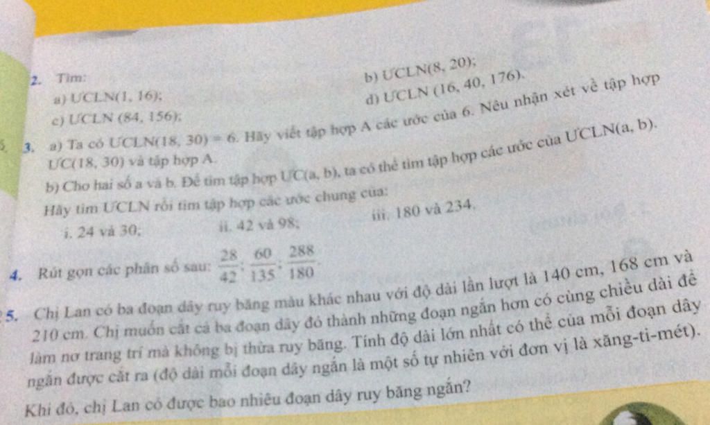 2. Tim: a) UCLN 16) ©UCLN (24, 156) b)UCLN(8, 20); d) UCLN (16, 40, 176 ...