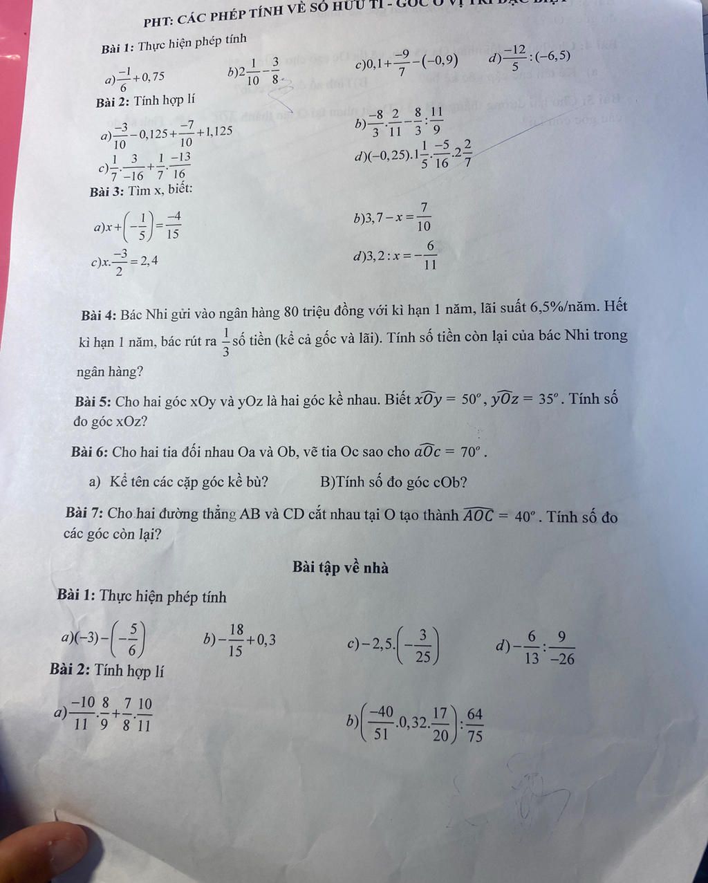 PHT: CÁC PHÉP TÍNH VÈ SO HU Bài 1: Thực hiện phép tính a)+0,75 Bài 2 ...