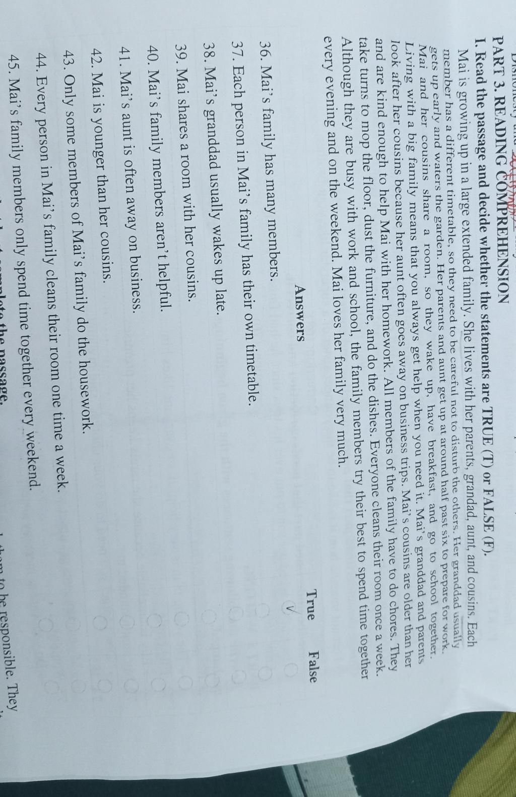 PART 3. READING COMPREHENSION I. Read the passage and decide whether ...