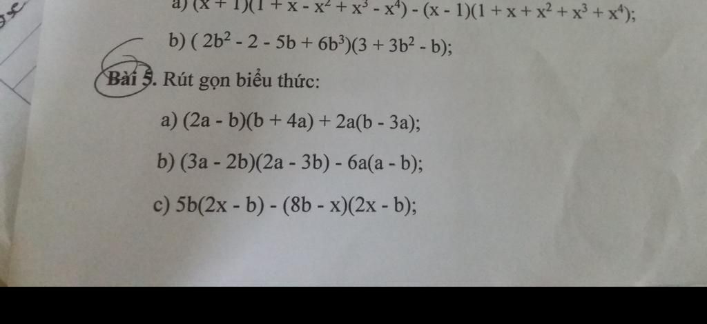 1+x-x²+x³-x)-(x-1)(1+x+x²+x³+x4); b) (2b2-2-5b+ 6b³)(3 + 3b² - b); Bài ...