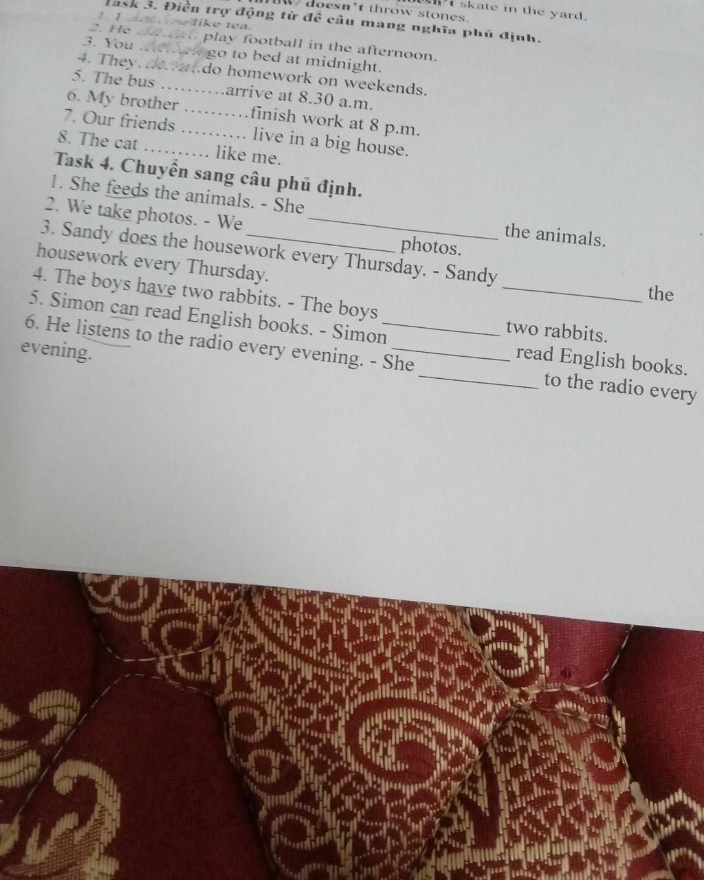 skate in the yard. doesn't throw stones. lask 3. Điền trợ động từ để ...