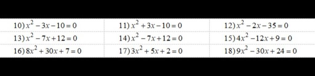 10)x2. -3x-10=0 13) x²-7x+12=0 16) 8x+30x+7=0 17) 3x²+5x+2=0 11) x²+3x ...