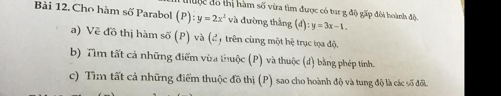 Bài 12. Cho hàm số Parabol (P): y=2x và đường thẳng (d): y=3x−1. đo thị ...
