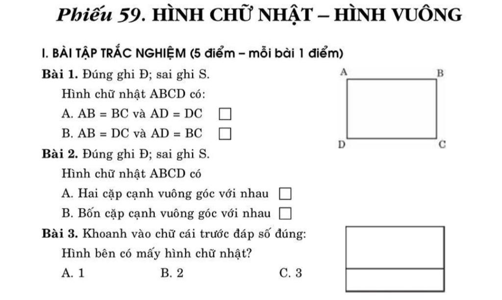 Phiếu 59. HÌNH CHỮ NHẬT – HÌNH VUÔNG I. BÀI TẬP TRẮC NGHIỆM (5 điểm – mỗi bài 1 điểm) Bài 1 ...