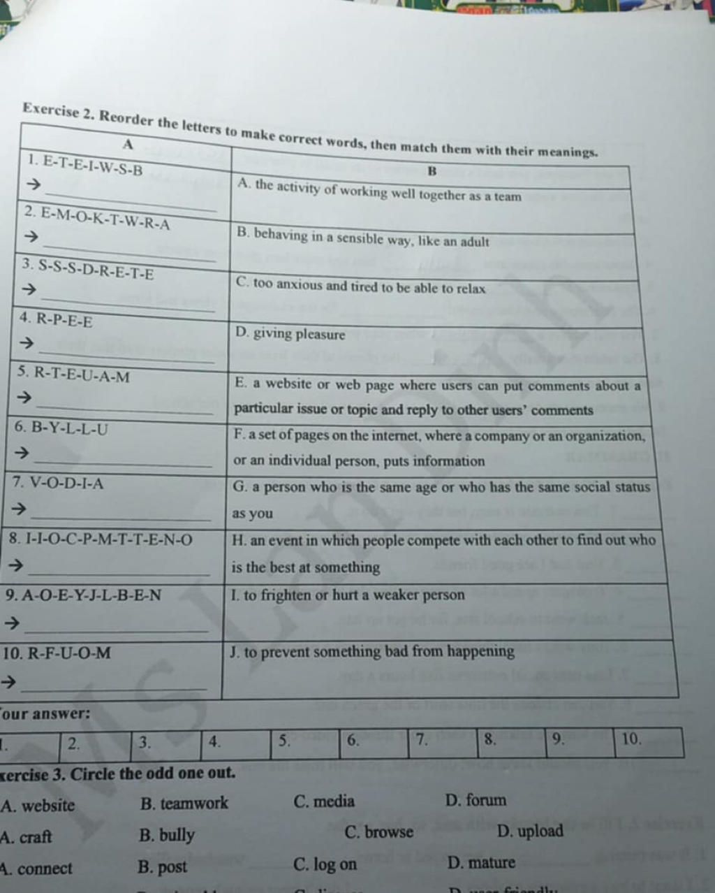 Exercise 2. Reorder the letters to make correct words, then match them ...