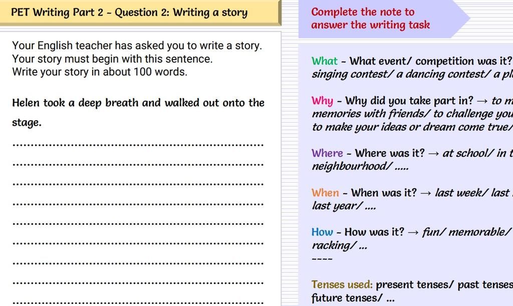 PET Writing Part 2 - Question 2: Writing a story Your English teacher ...