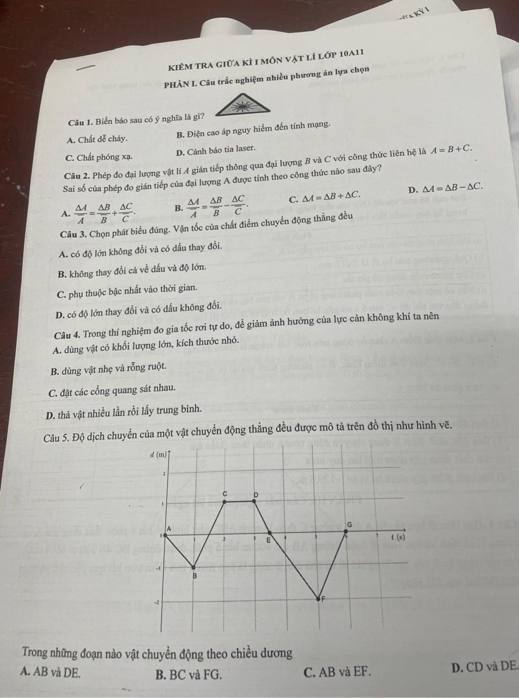 KIỂM TRA GIỮA KÌ I MÔN VẬT LÍ LỚP 10A11 PHẦN I. Câu trắc nghiệm nhiều ...