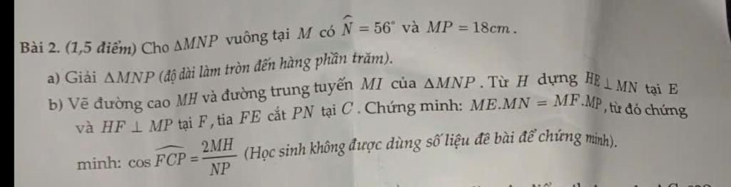 Bài 2. (1,5 điểm) Cho AMNP vuông tại M có N = 56° và MP = 18cm. a) Giải ...