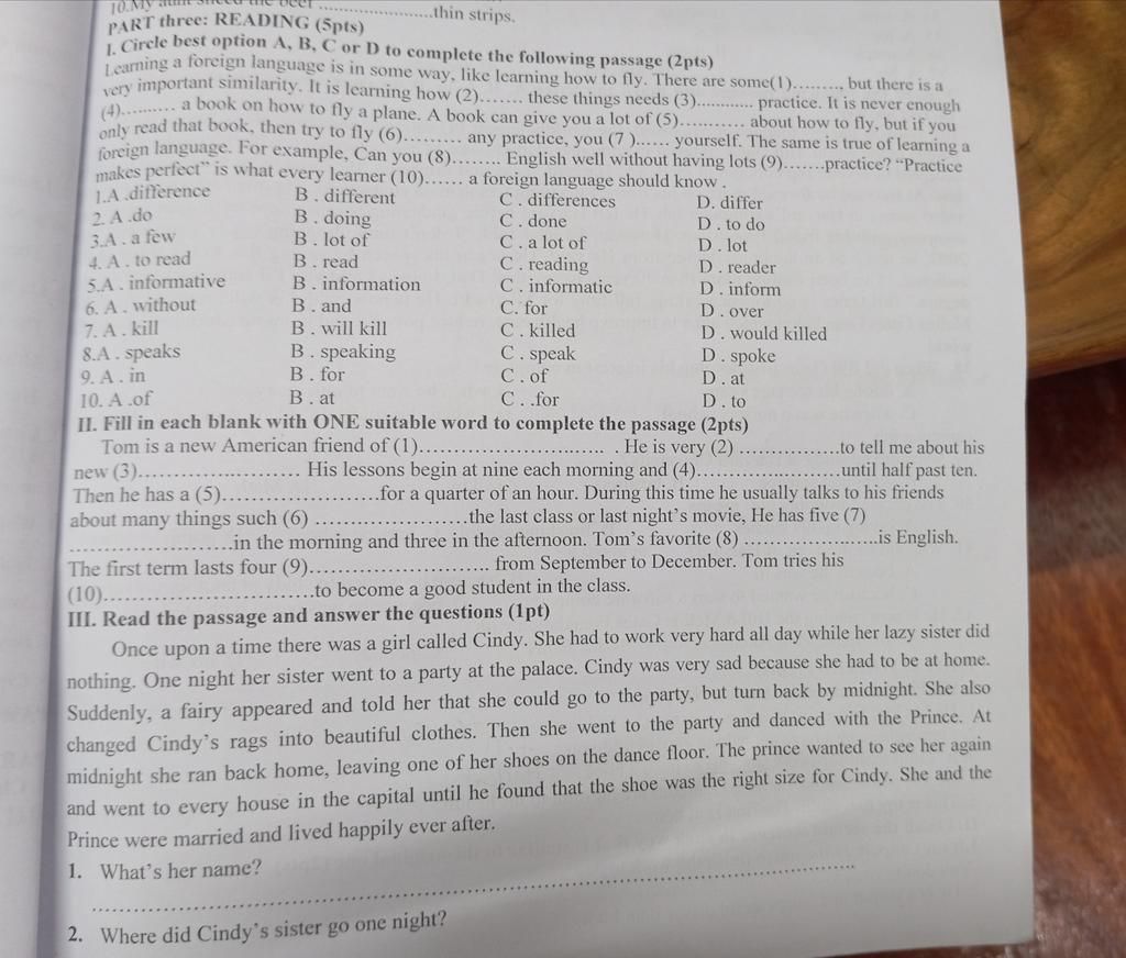 10.M PART three: READING (5pts) thin strips. 1. Circle best option A, B ...