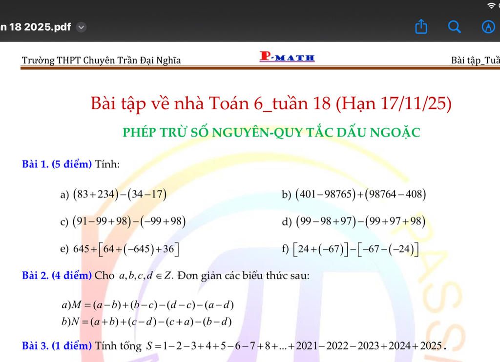 n 18 2025.pdf Trường THPT Chuyên Trần Đại Nghĩa P-MATH Bài tập về nhà ...