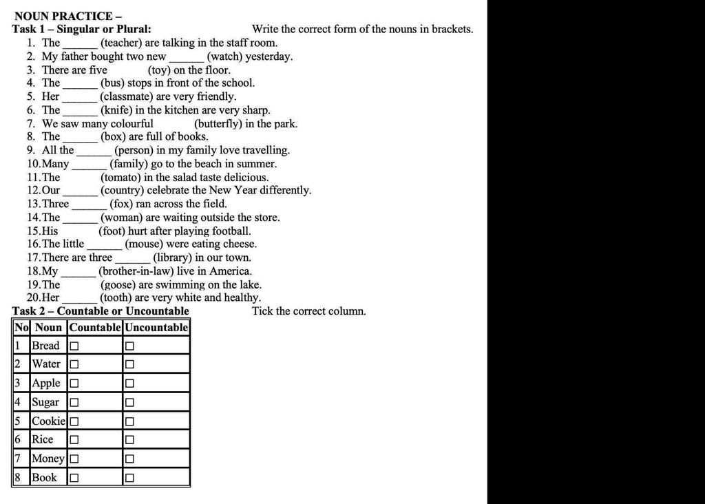 NOUN PRACTICE - Task 1 - Singular or Plural: 1. The Write the correct ...
