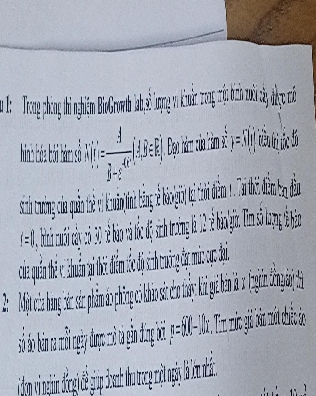 u 1: Trong phòng thí nghiệm BioGrowth lah số lượng vi khuẩn trong một bình nơi ấy được mô hình ...