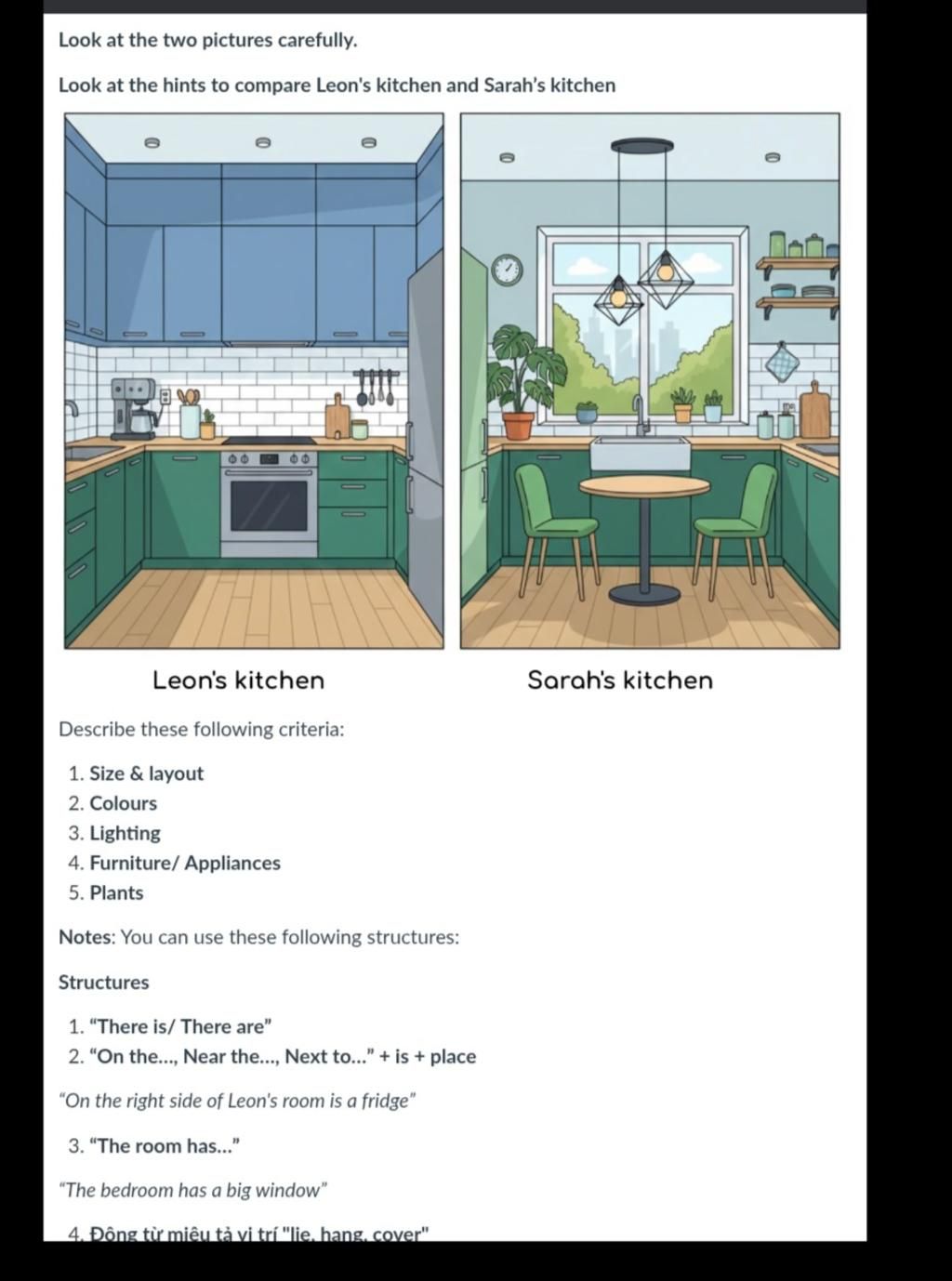 Look at the two pictures carefully. Look at the hints to compare Leon's kitchen and Sarah's ...