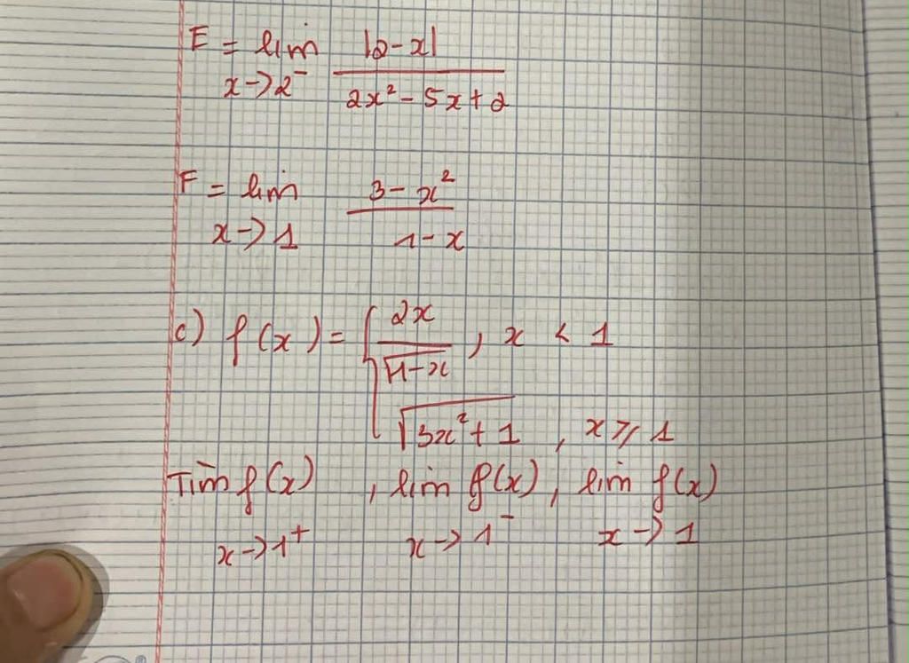 Câu F sai đề sửa lại là lim khi x->1+ Giải hết giúp em vs ạ E = lim 12 ...