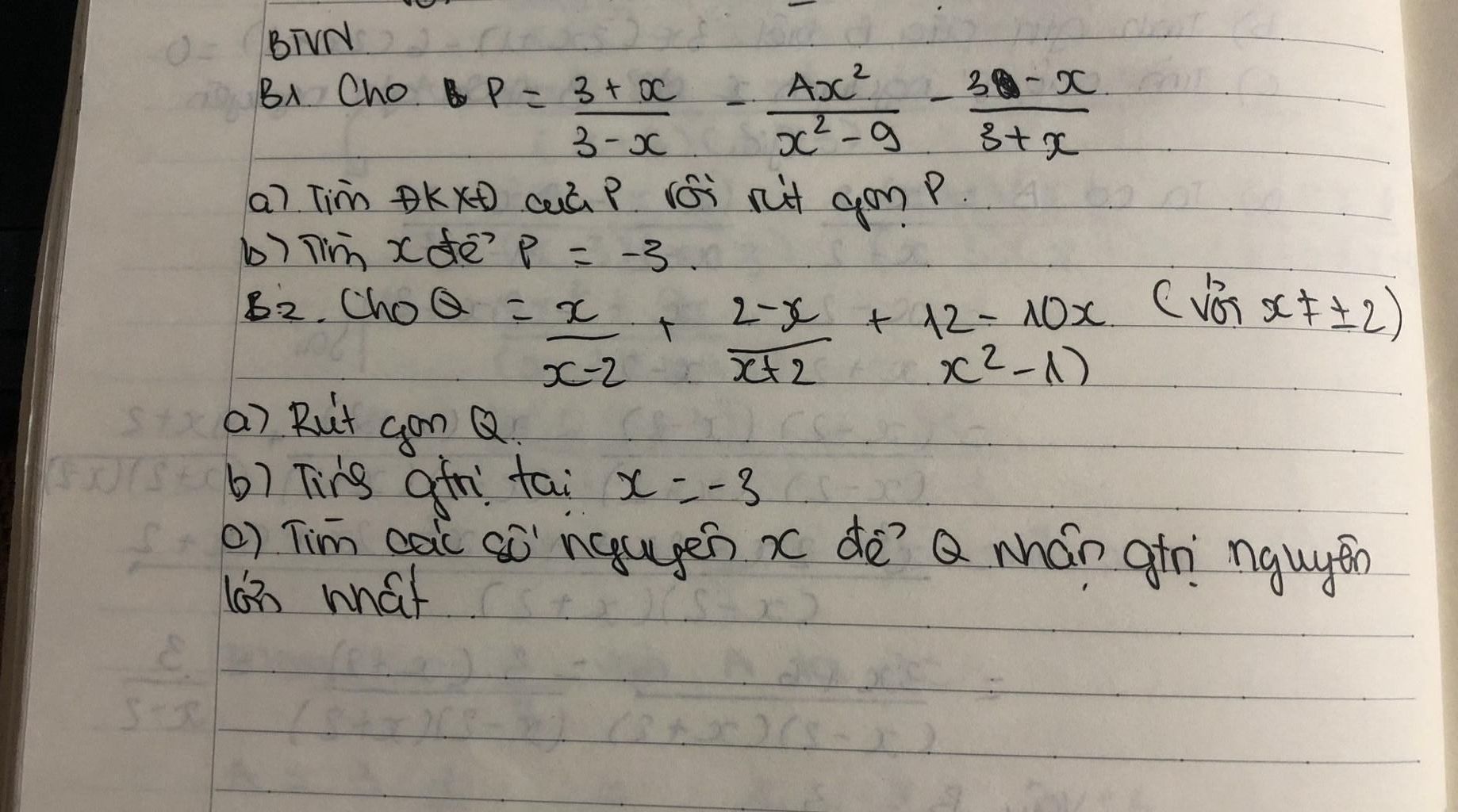 BIVN BA Cho BP = 3 + oc a) 3-0 2 Ax 30-x 2 x²-9 3+x P a? Tìm ĐKXĐ của P ...