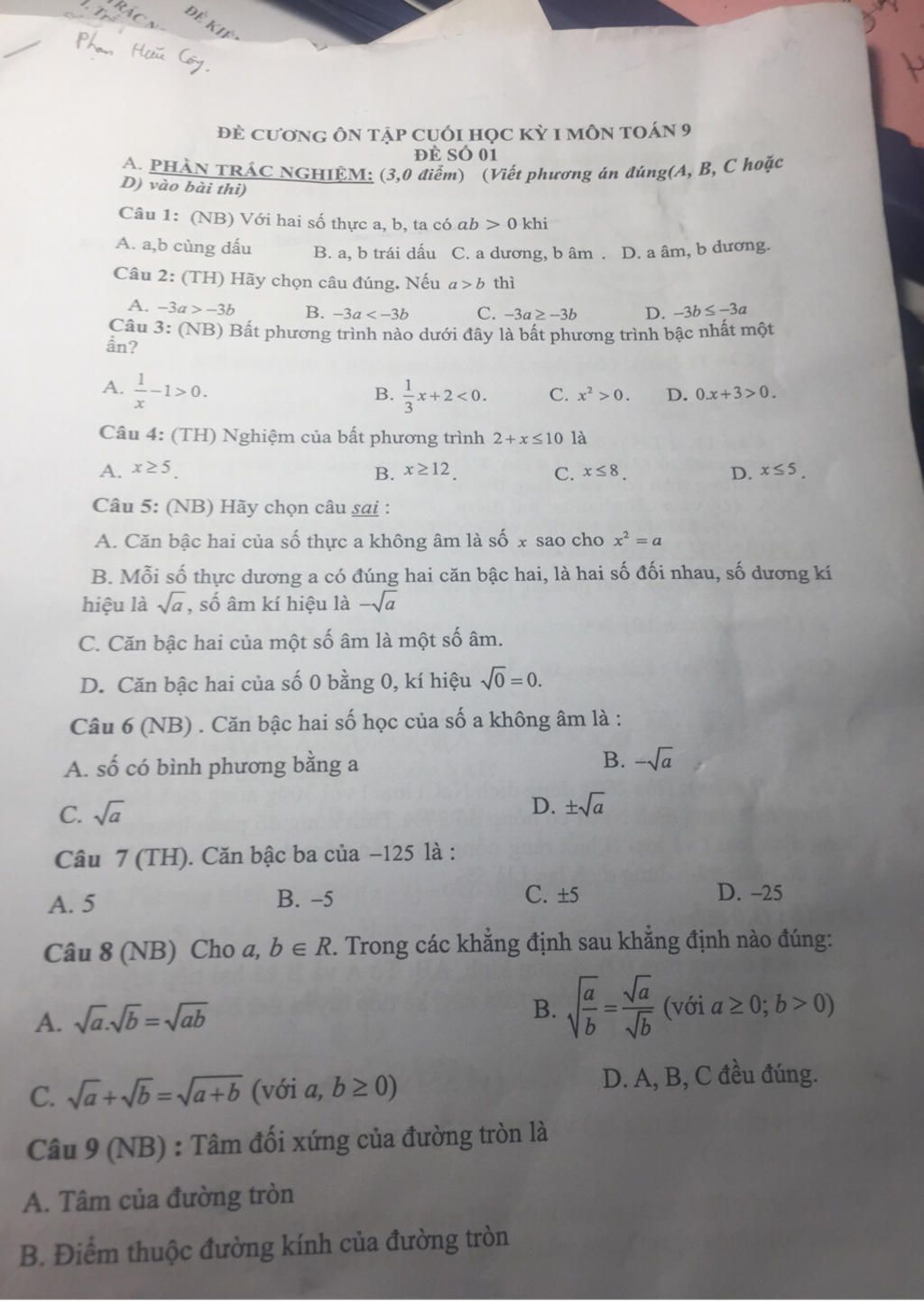 Tr RACN DE KIP Phan He Coy. ĐỀ CƯƠNG ÔN TẬP CUỐI HỌC KỲ I MÔN TOÁN 9 DÈ ...