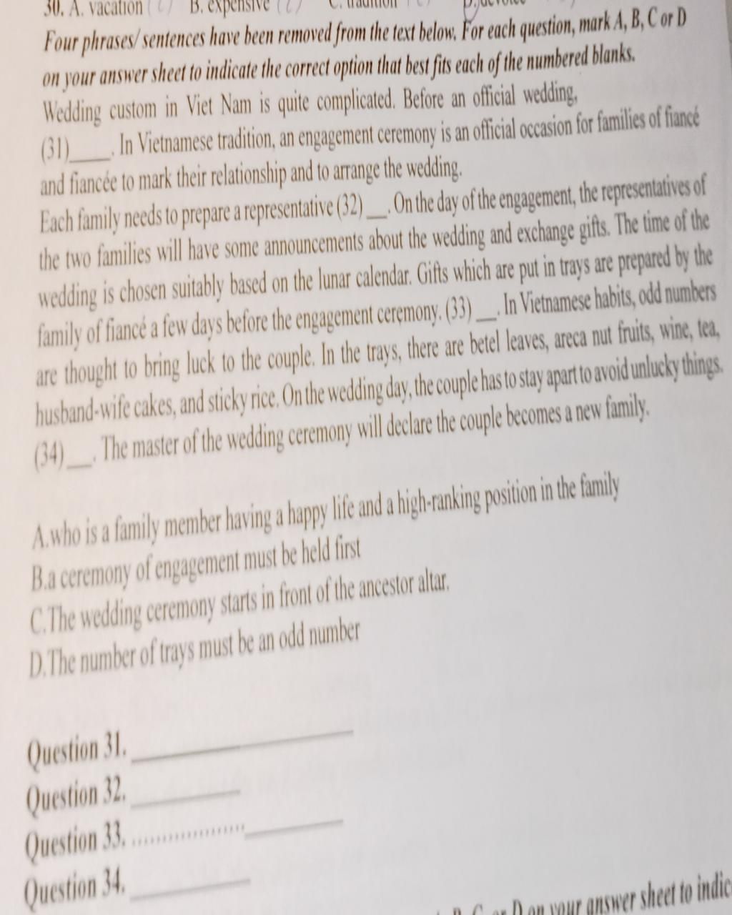 30. A. vacation Four phrases/ sentences have been removed from the text ...