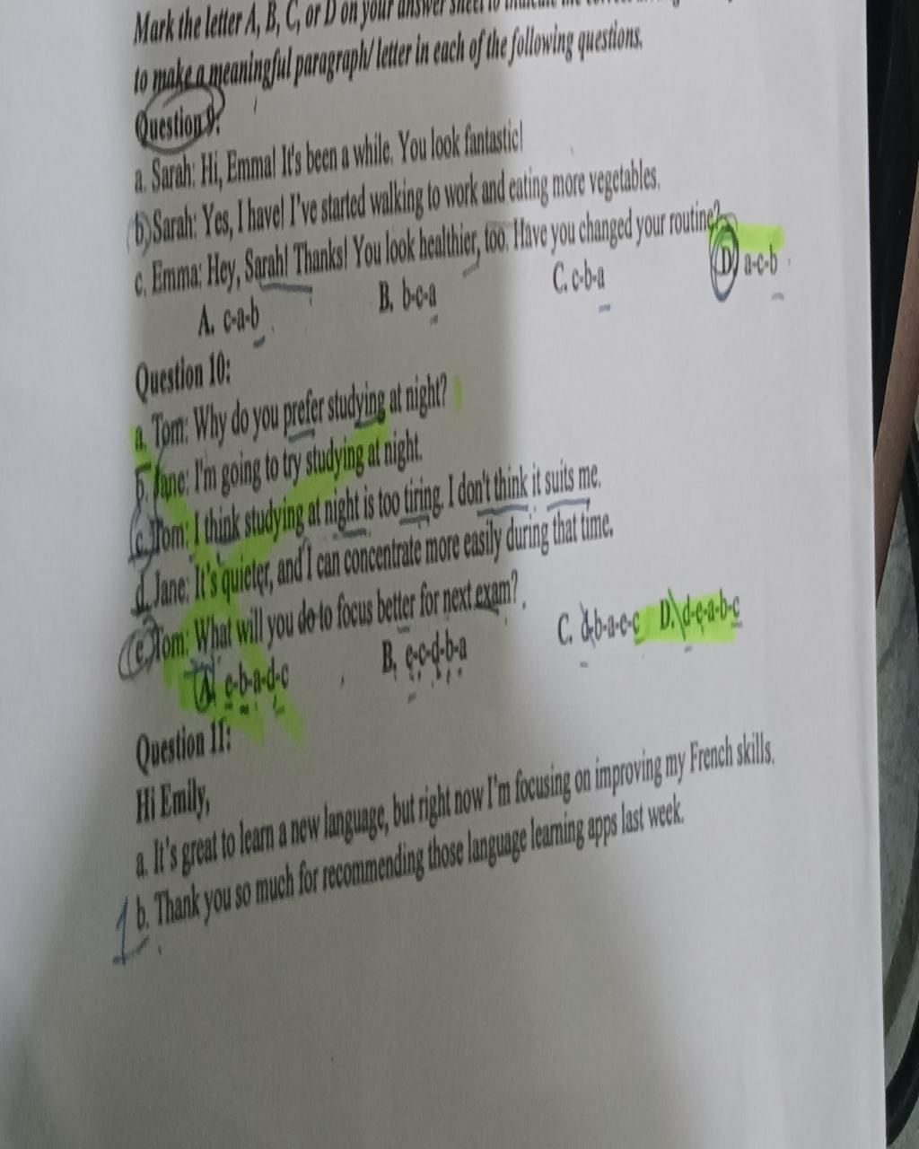 Mark the letter A, B, C, or D to make a meaningful paragraph/letter in ...