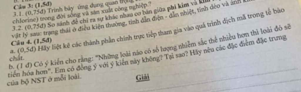 Câu 3: (1,5đ) 3.1. (0,75đ) Trình bày. ứng dụng quan chlorine) trong đời ...