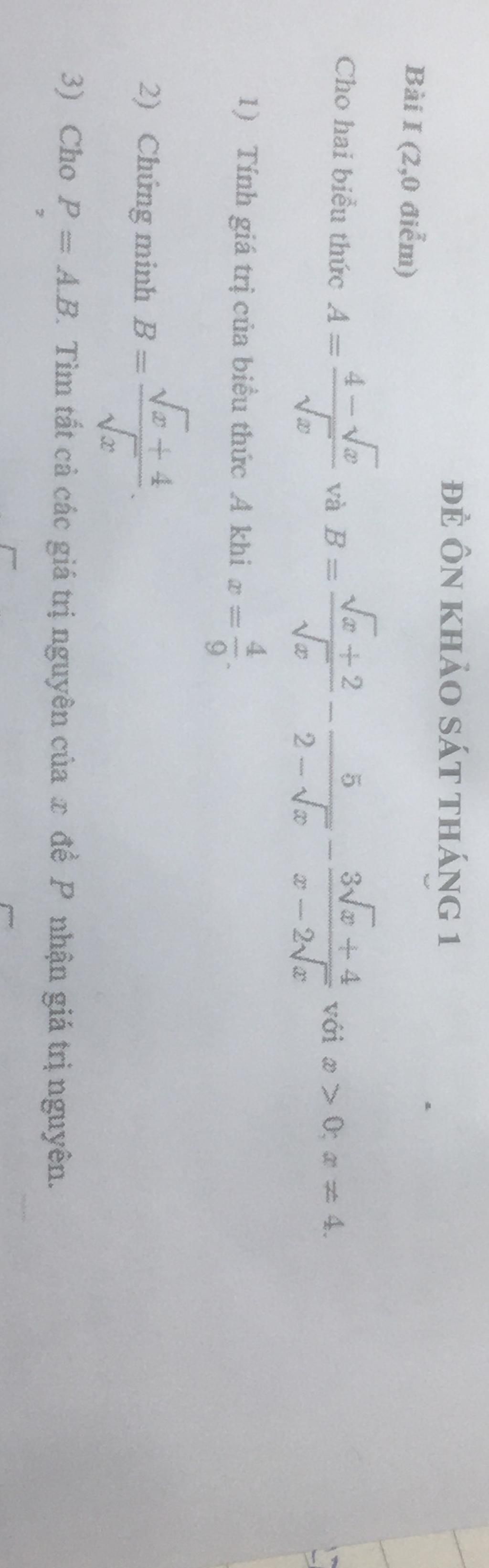 Bài I (2,0 điểm) ĐỀ ÔN KHẢO SÁT THÁNG 1 Cho hai biểu thức A 4-√ √x+2 và ...