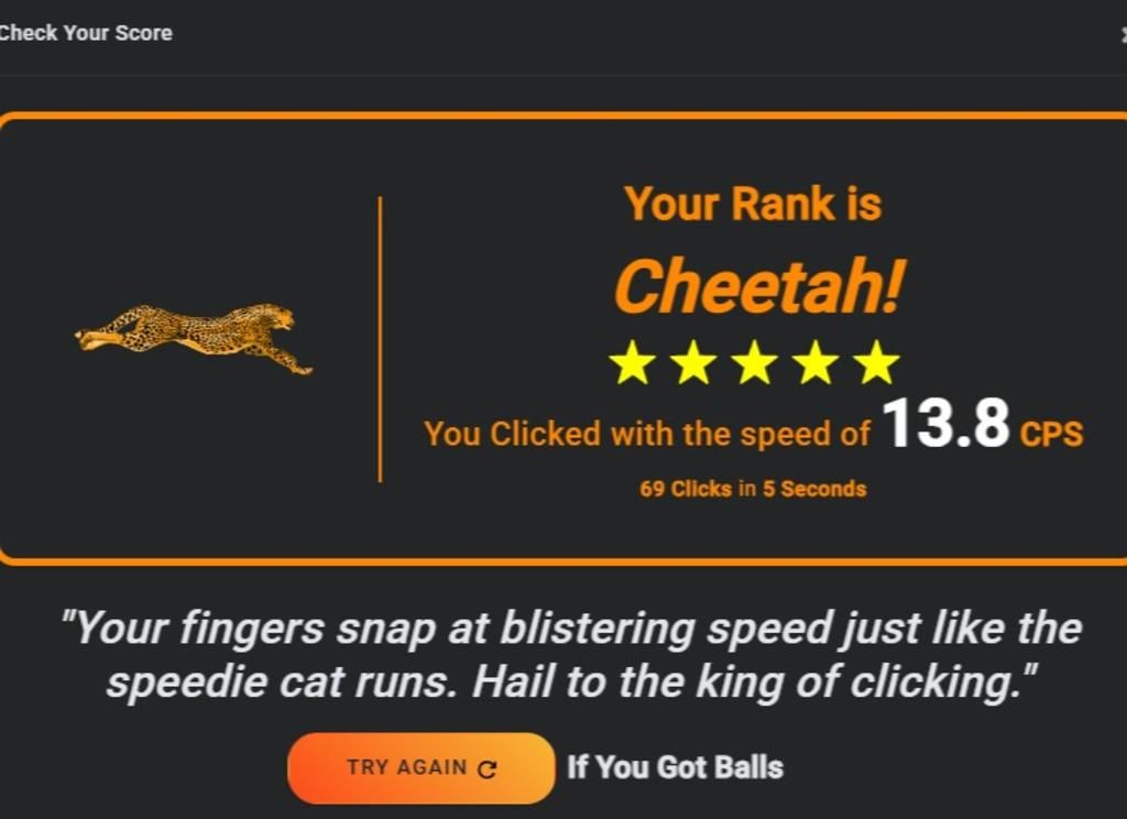 Your Rank is Cheetah! You Clicked with the speed of 11.8 CPS 59 Clicks ...